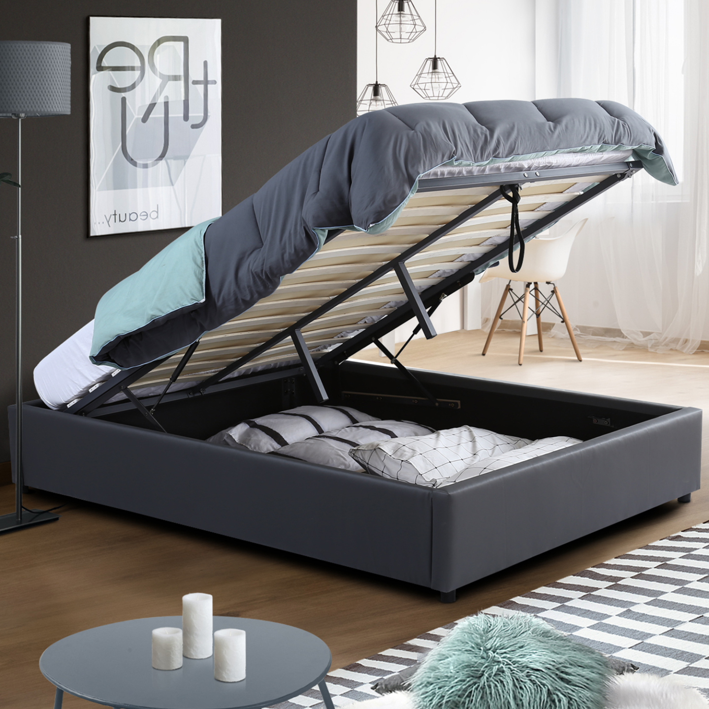 Grijs bed met opbergruimte & lattenbodem 140x190 cm | ID Market