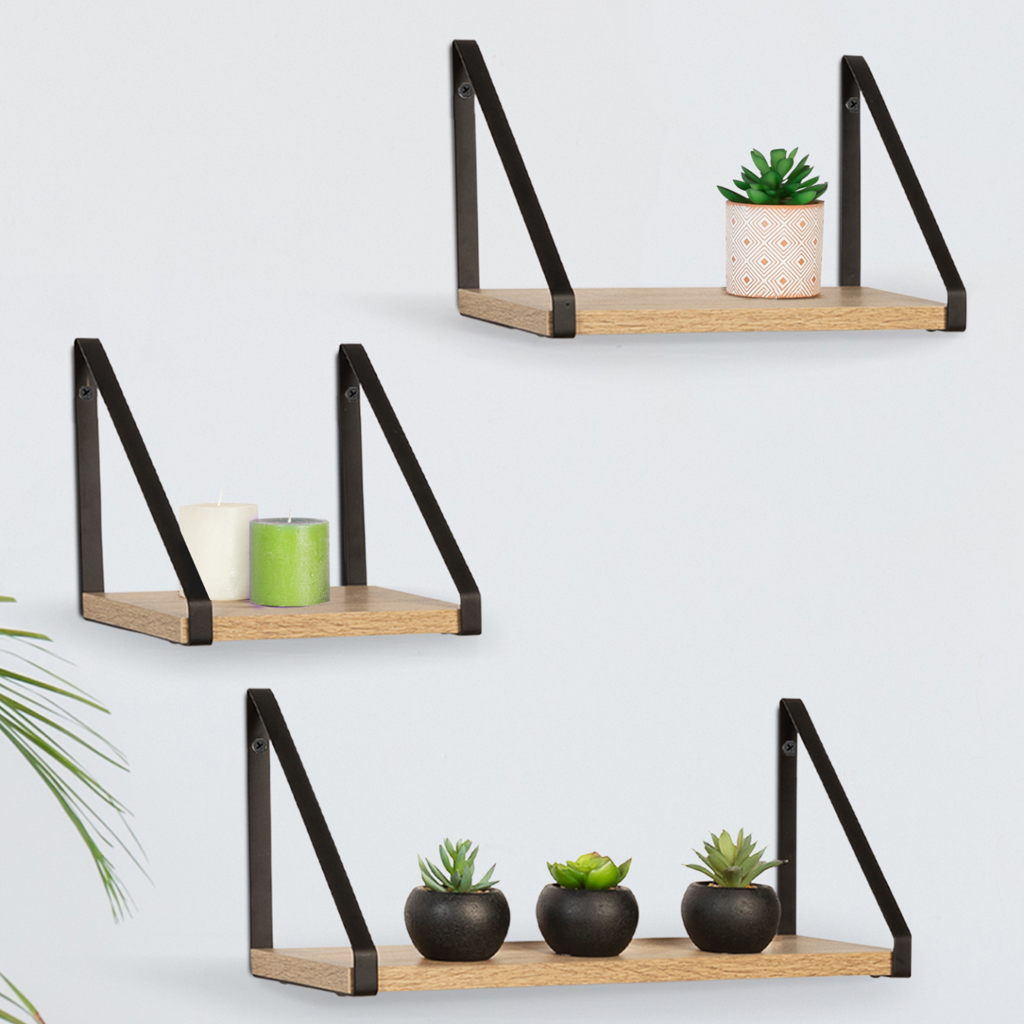 Set van 3 industriële houten en metalen wandplanken | ID Market