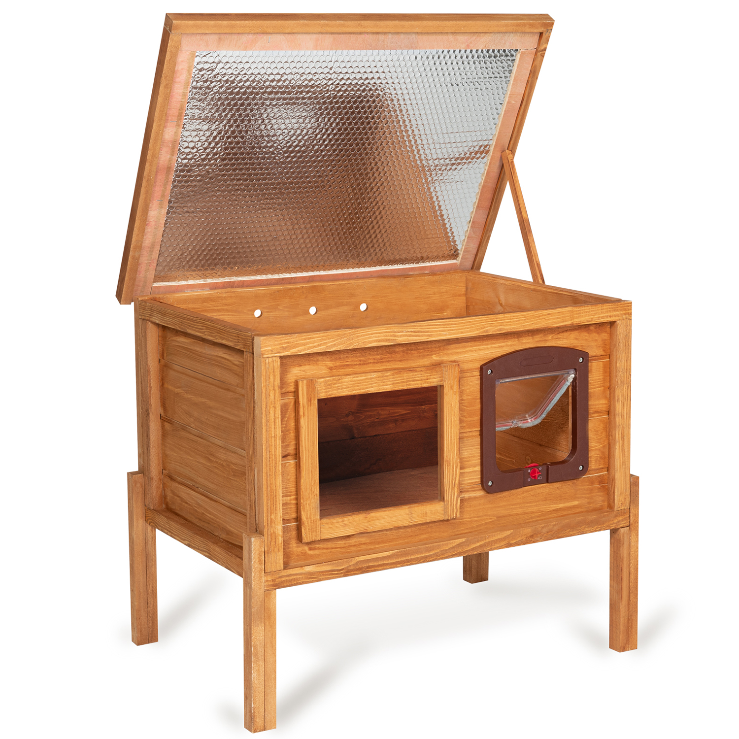 Niche pour chat auto chauffante en bois avec porte et fenêtre | ID Market