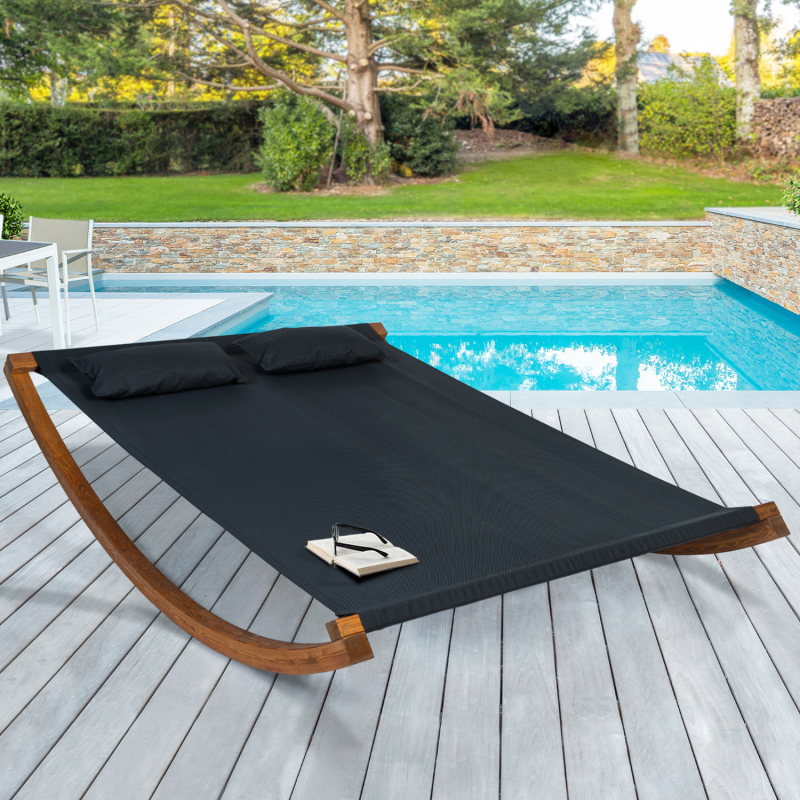 Lit de jardin en bois à bascule toile noire pas cher | ID Market