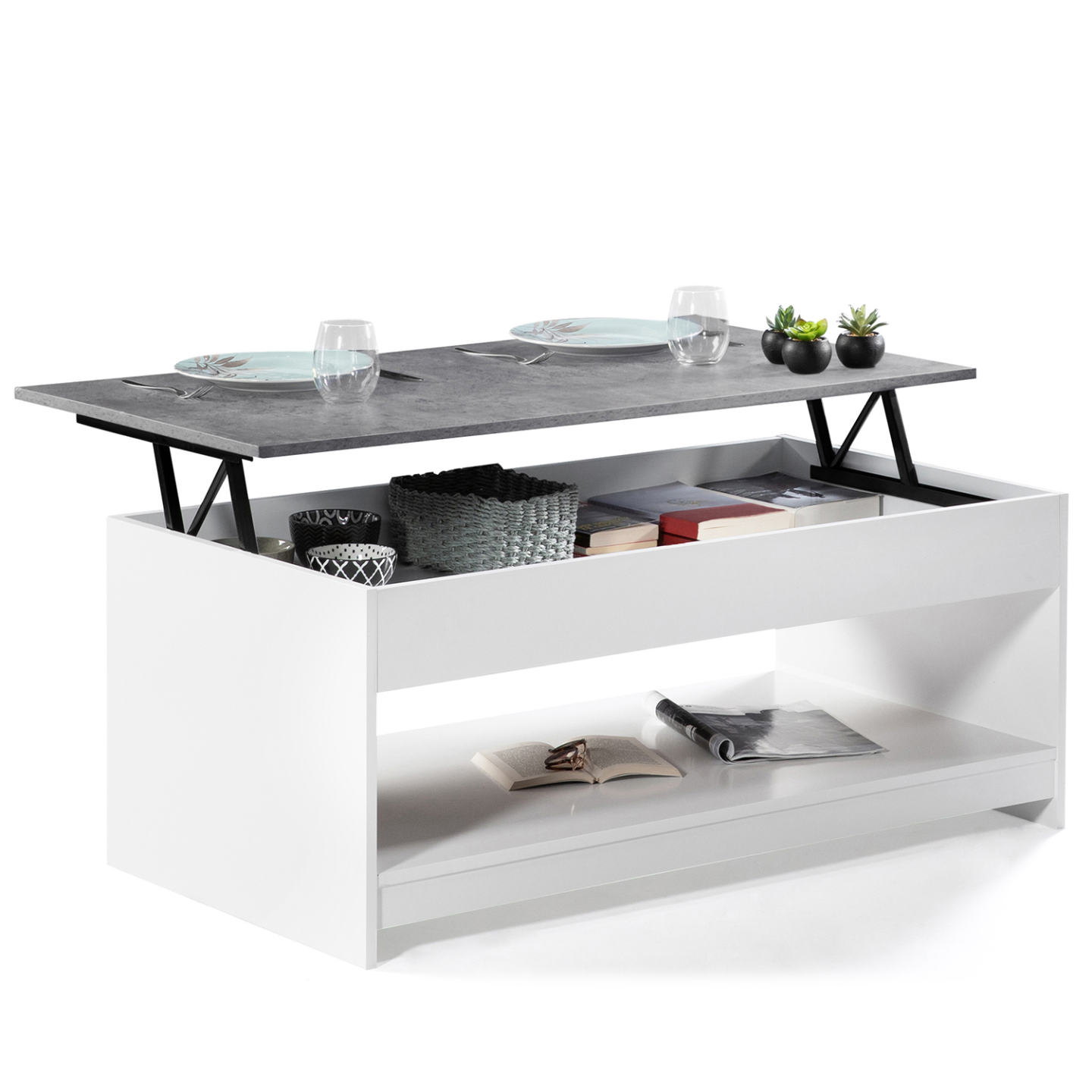 Table basse plateau relevable bois blanc effet béton - SOA | ID Market