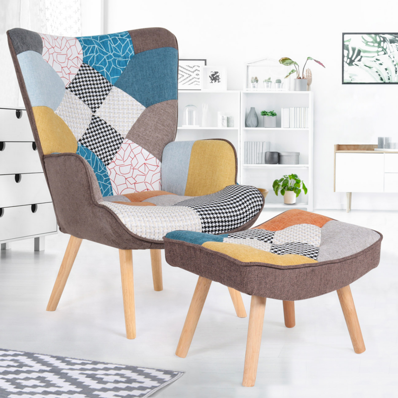 Fauteuil scandinave patchwork multicolore avec repose pieds - IVAR | ID ...
