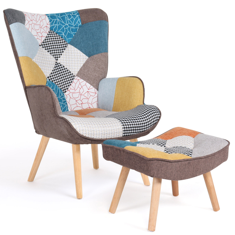 Fauteuil scandinave patchwork multicolore avec repose pieds - IVAR | ID ...