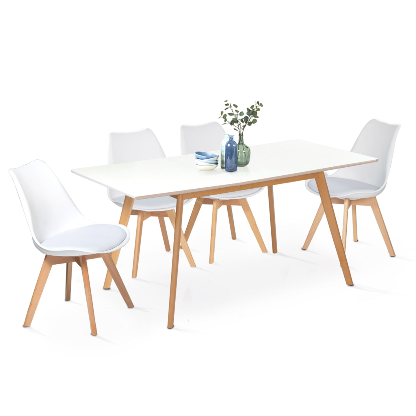 Set uitschuifbare eettafel INGA + 4 Scandinavische stoelen SARA