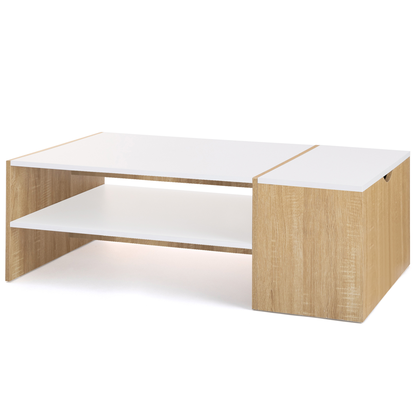 Table basse bar contemporaine IZIA avec coffre bois et plateaux blancs