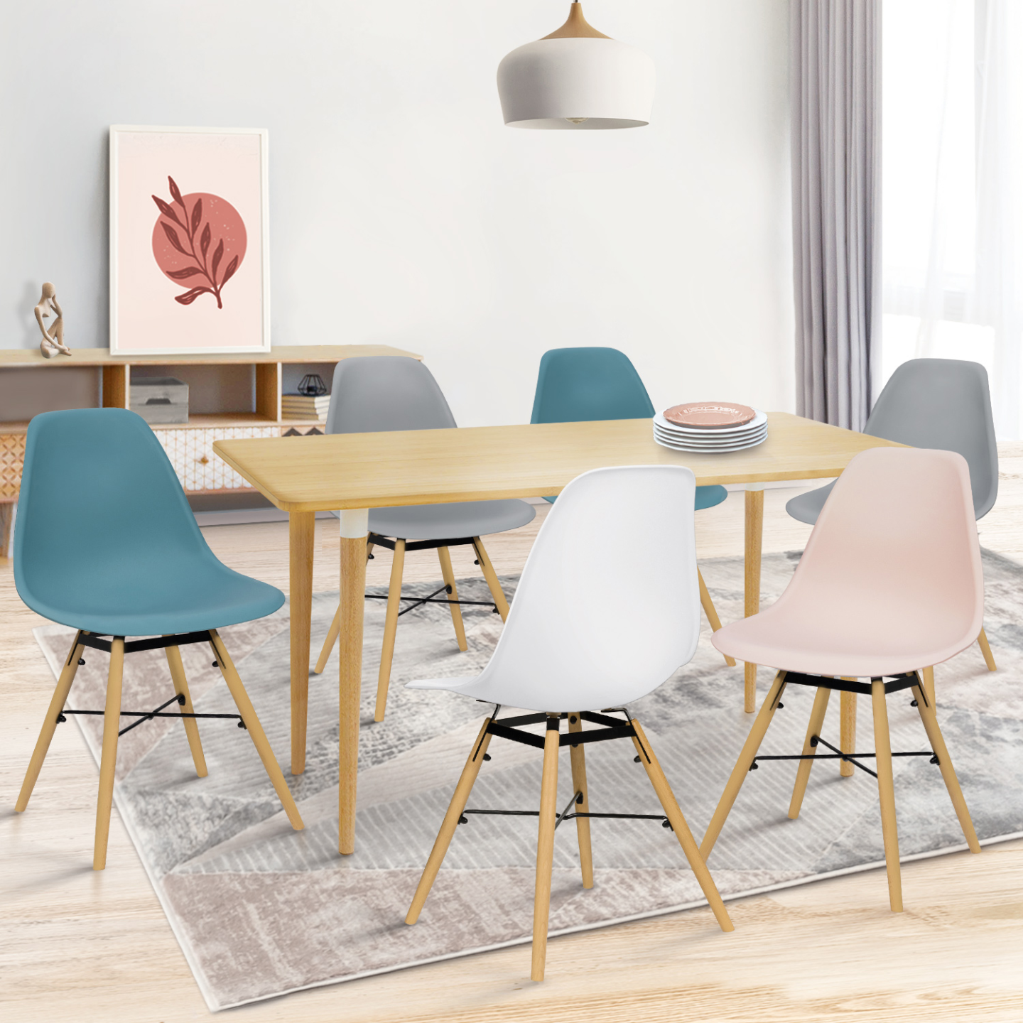 Chaises scandinaves couleur pastel : rose, blanc, gris clair x2, bleu ...