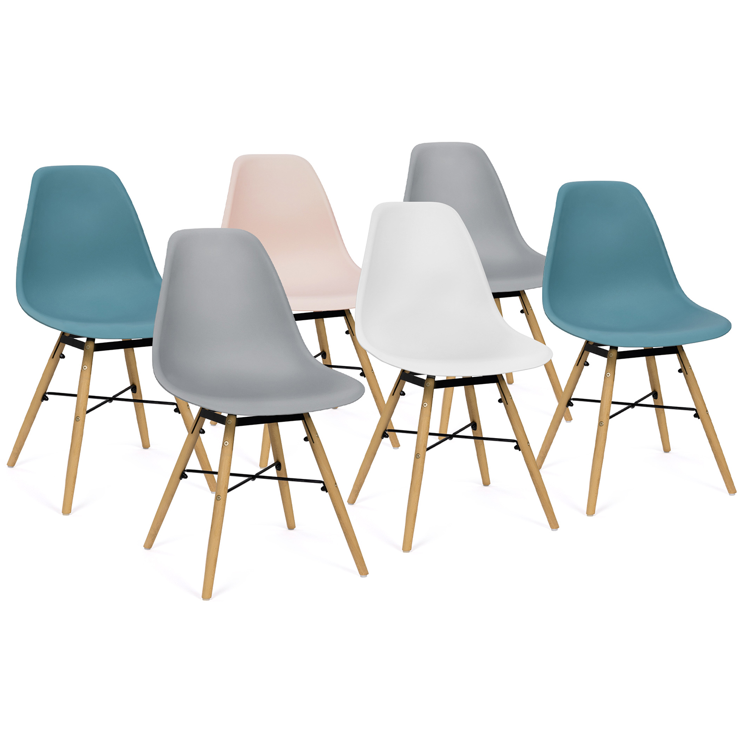 Chaises scandinaves couleur pastel : rose, blanc, gris clair x2, bleu x2 - SANDRA | ID Market