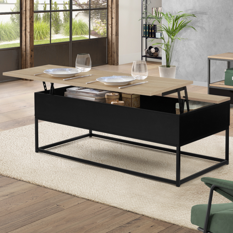 Table basse industrielle noire plateau relevable bois façon hêtre ...