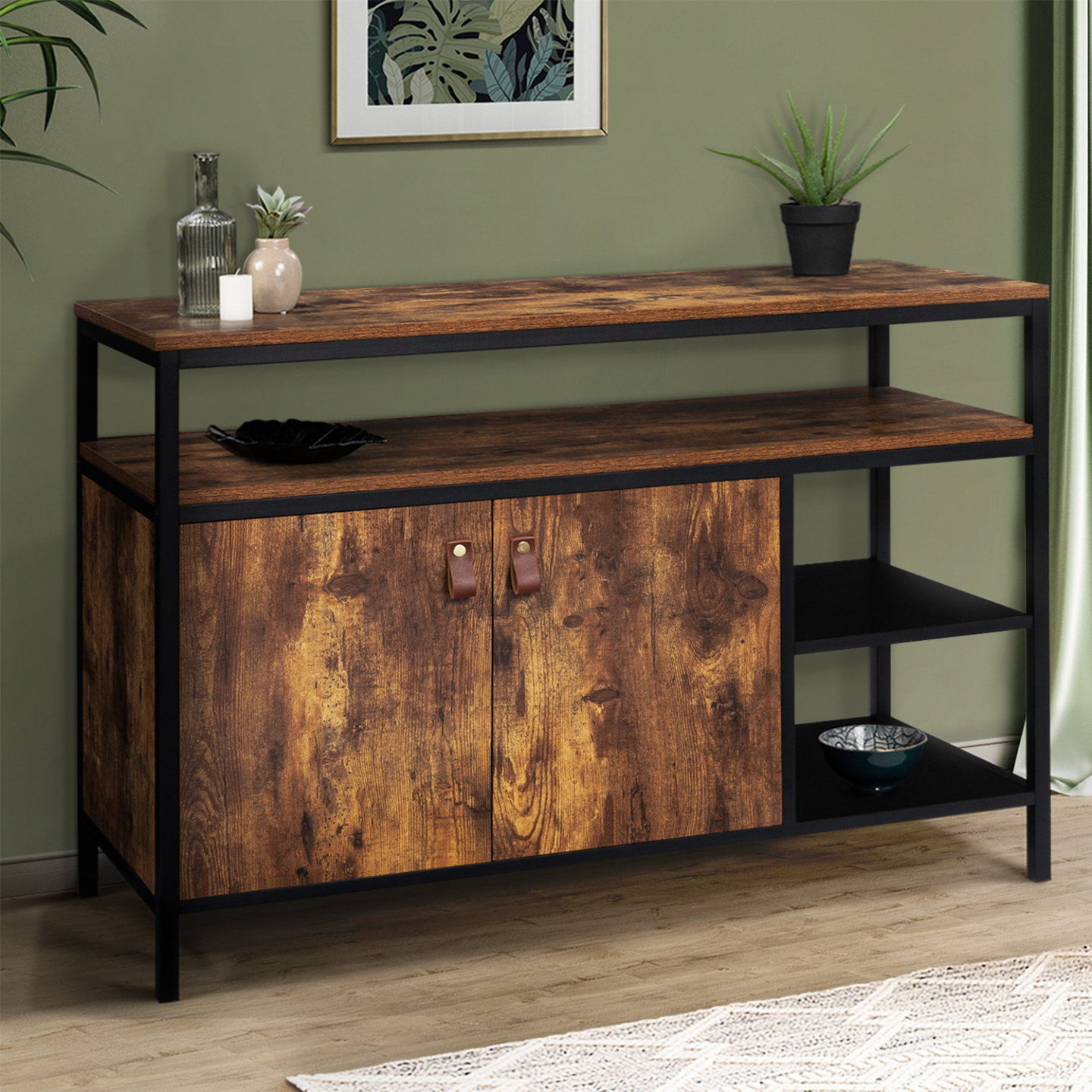 Buffet bas industriel 2 portes avec étagères effet bois vieilli ...