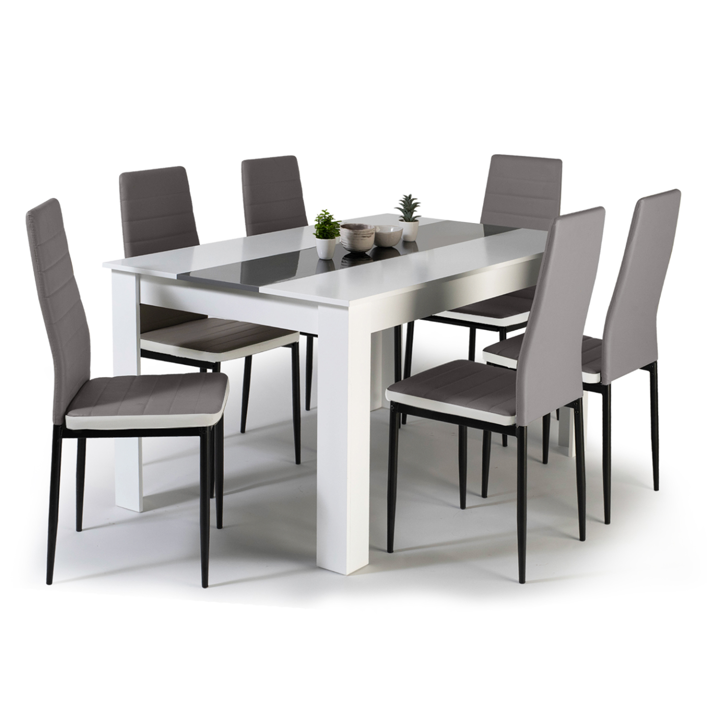 Set aus Esstisch 140cm weiß und grau und 6 grauen Stühlen mit weißer ...