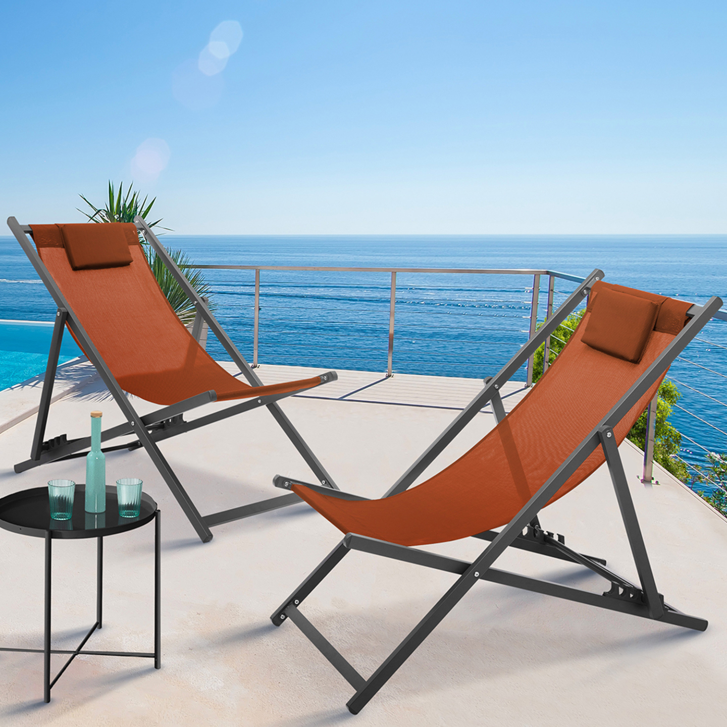 Chaises longue terracotta pliantes en acier - Lot de 2 | ID Market
