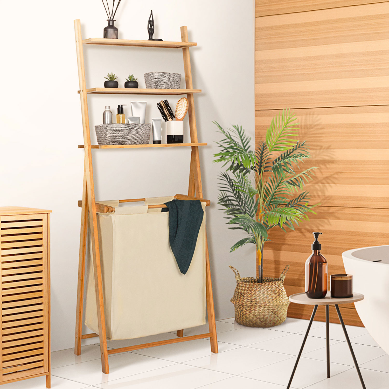 Étagère panier à linge double compartiment bambou - LANA | ID Market