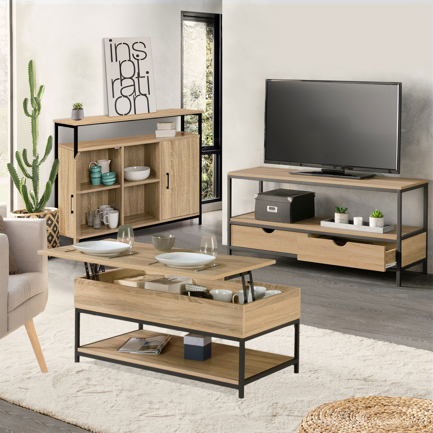 Industriële meubelset voor woonkamer met buffetkast, salontafel met ...