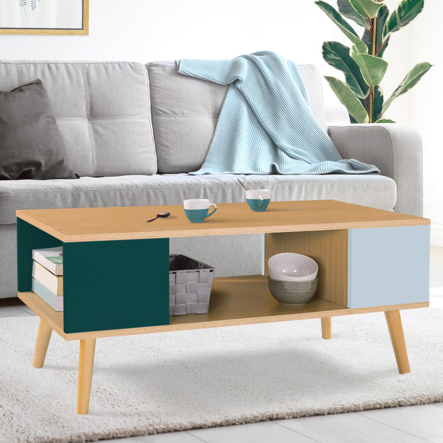 Table basse scandinave bois, vert clair et vert foncé