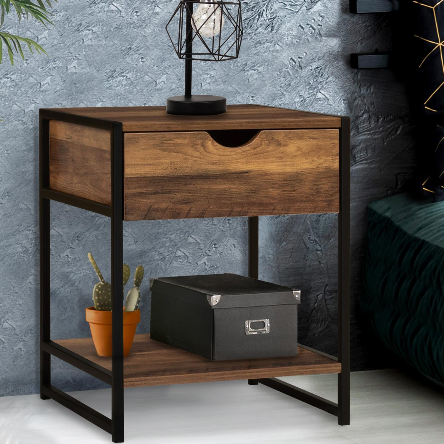Lot de 2 tables de chevet métal et bois foncé - HAWKINS | ID Market