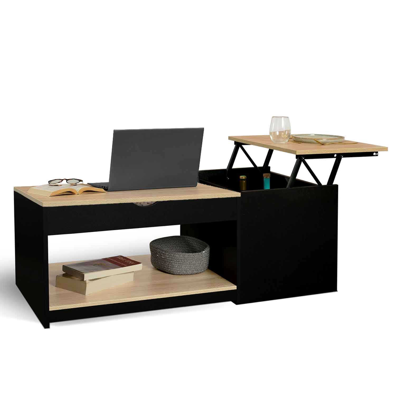 Table basse double plateau relevable noir et bois - EYLA | ID Market