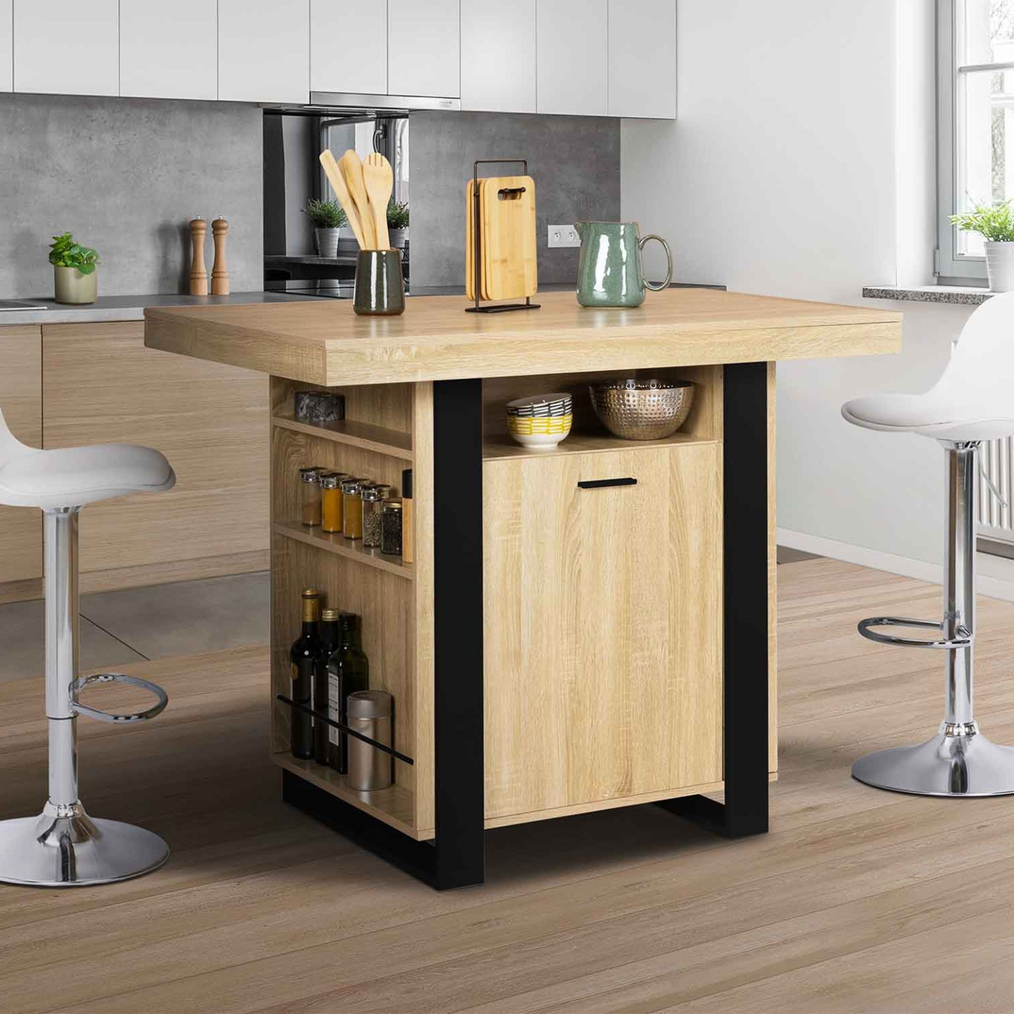 Îlot central pas cher 110 cm bois imitation hêtre et pieds noirs ...