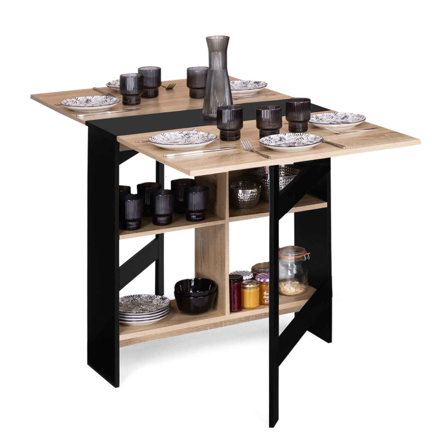 Table console pliante noire plateau bois double rangement - EDI | ID Market