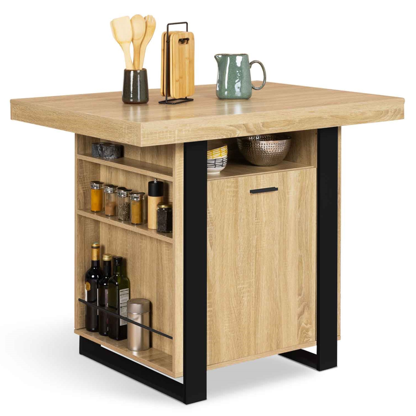 Îlot central pas cher 110 cm bois imitation hêtre et pieds noirs ...