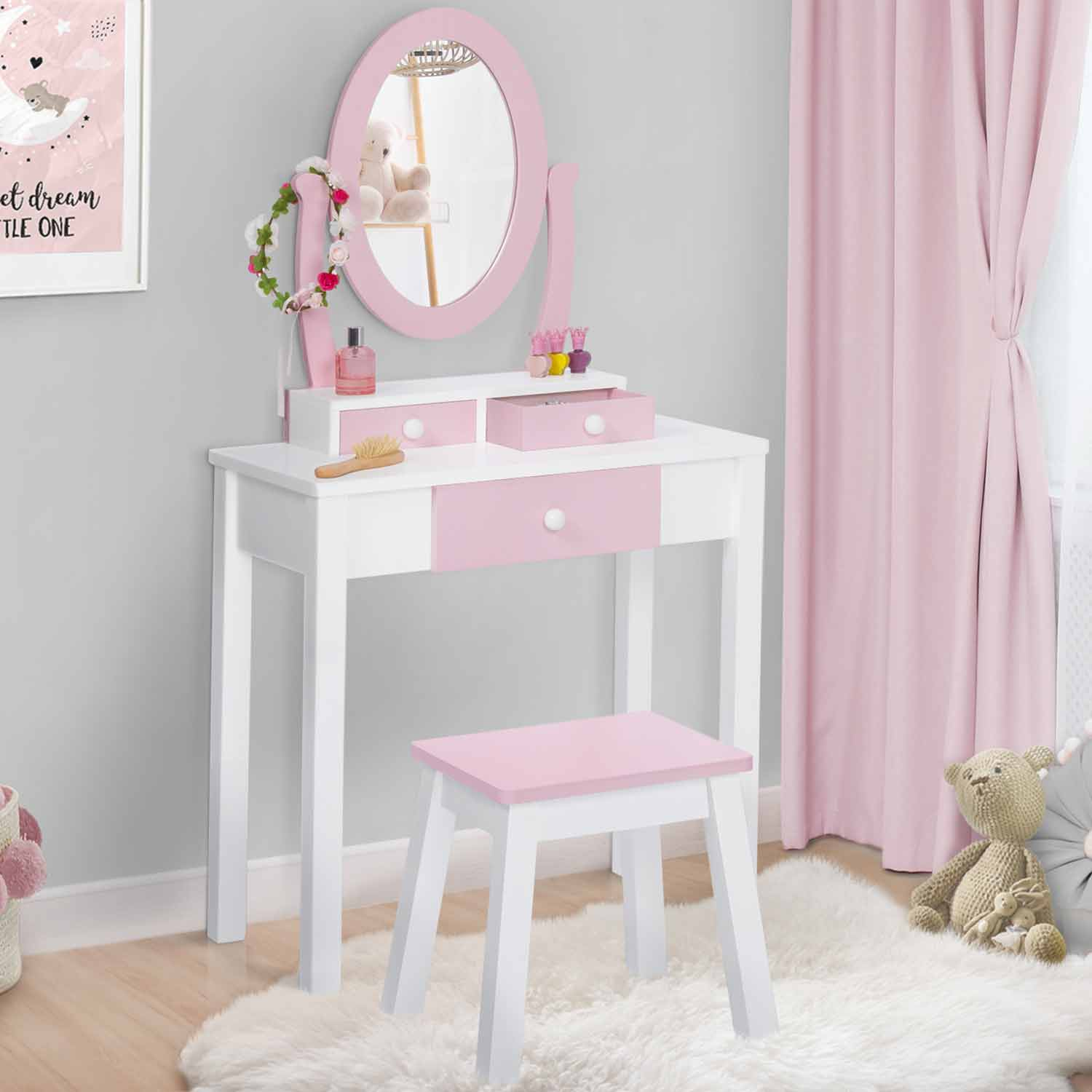 Coiffeuse enfant avec miroir rose et blanche - BETTANY | IDMarket