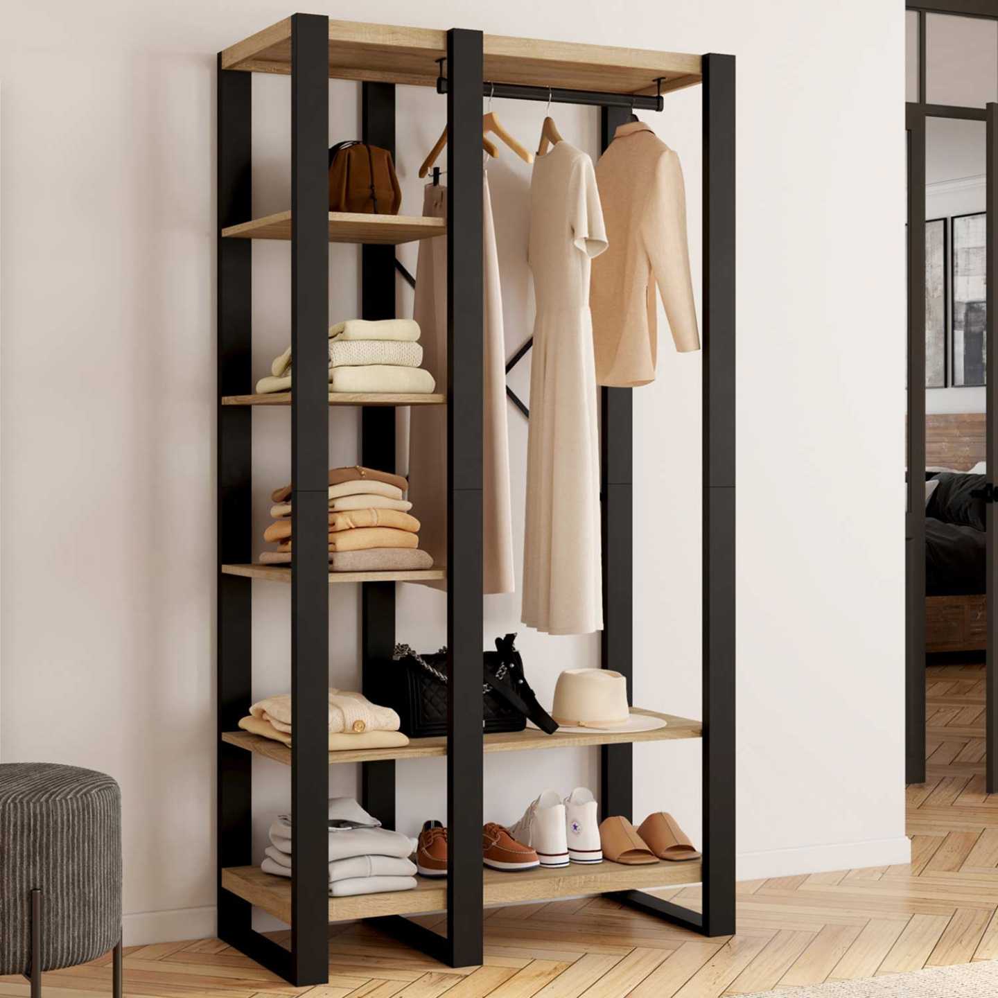 Dressing industriel pas cher noir et bois avec étagères - ONYX | ID Market