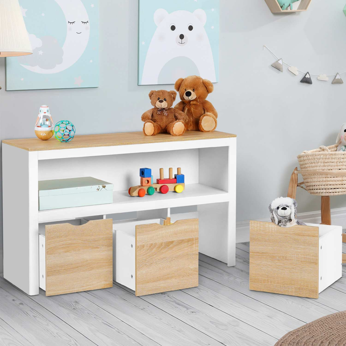 Meuble de rangement pour enfant 3 tiroirs blanc et hêtre - MANA | ID Market
