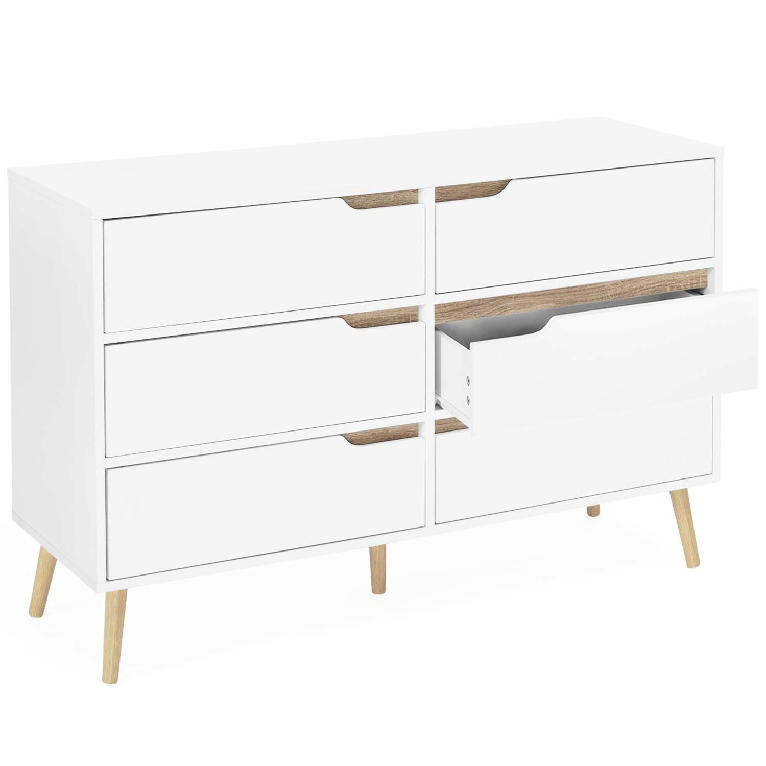 Commode scandinave 6 tiroirs blanche pieds bois - HELSINKI | ID Market