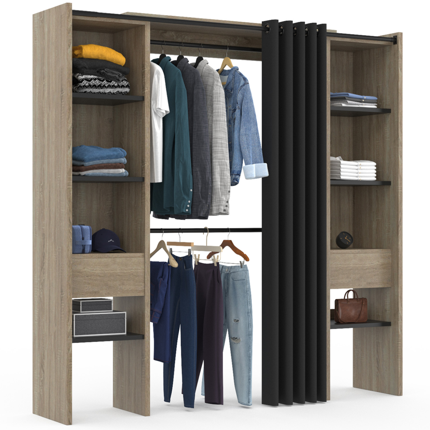 Dressing extensible en bois avec rideau noir - MERYL | ID Market