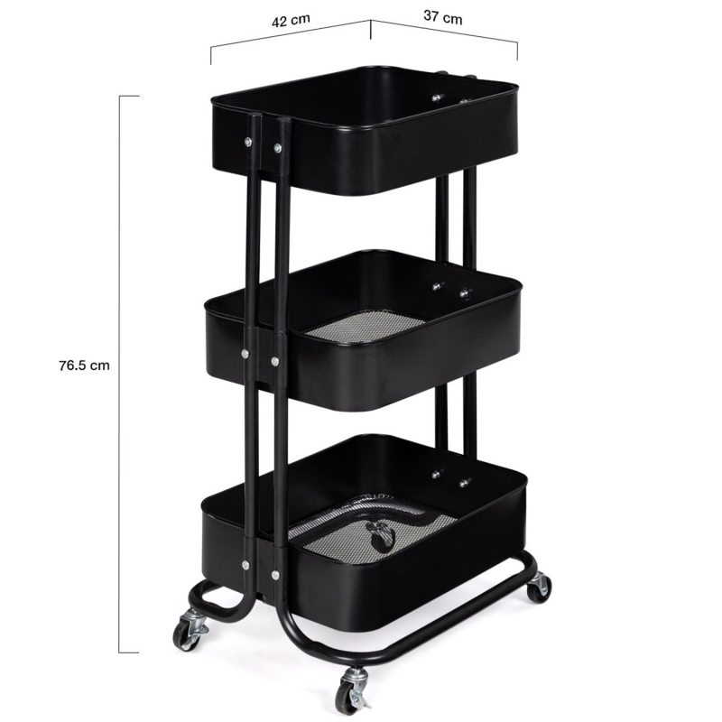 Chariot desserte à roulettes 3 niveaux en acier noir | ID Market