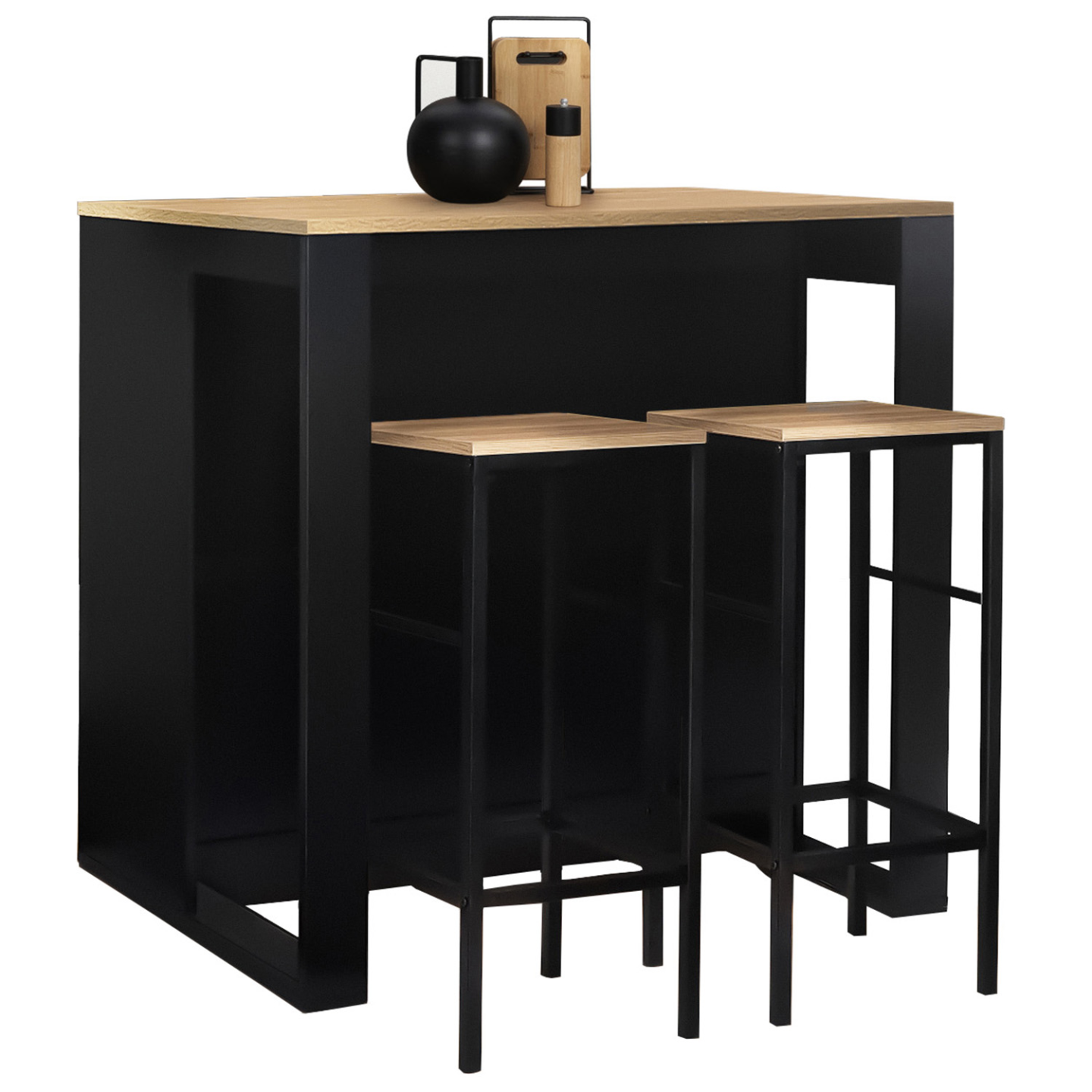 Ensemble table de bar îlot bois noir avec plateau + 2 tabourets - JUNO ...