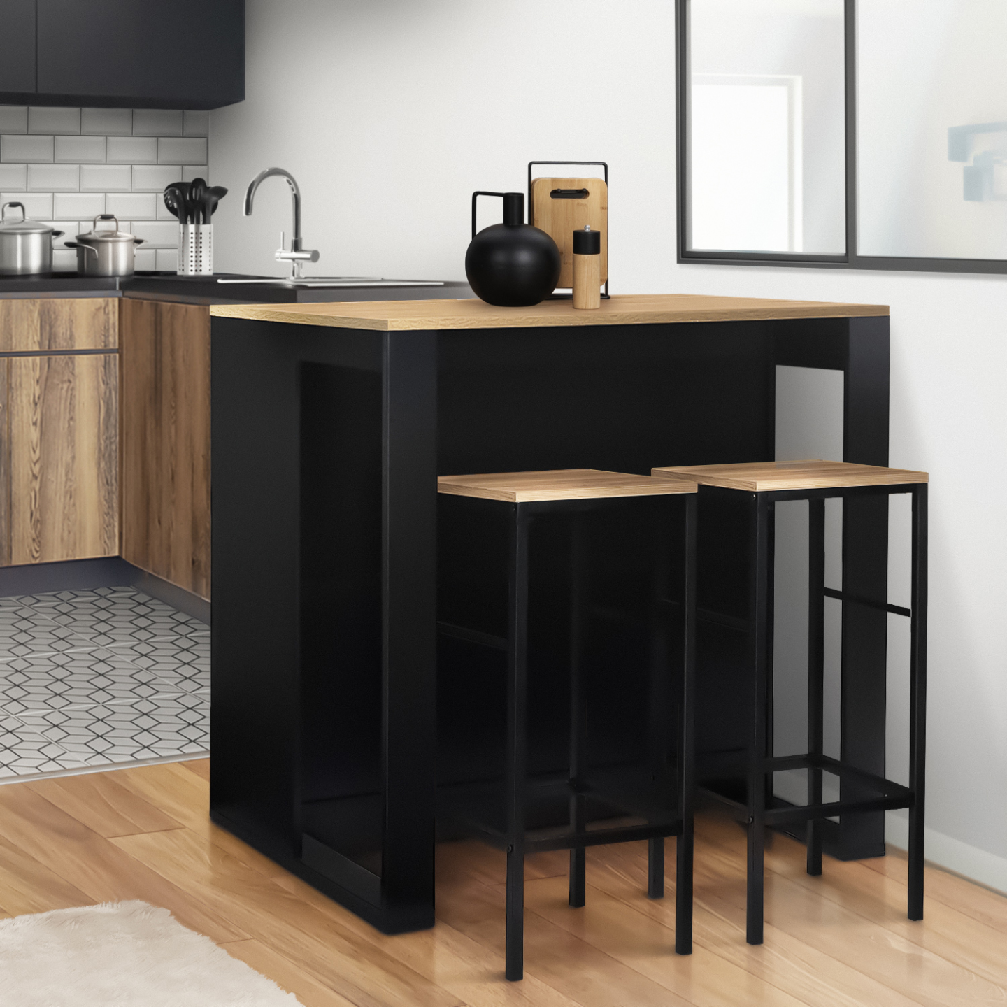 Set Bartisch Insel Holz schwarz mit Tablett + 2 Hocker - JUNO | ID Market