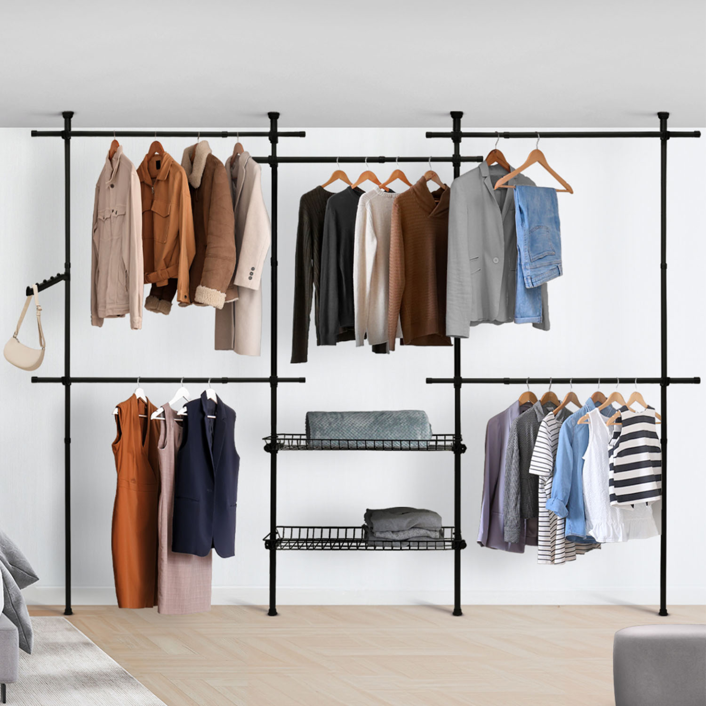 Penderie télescopique extensible 5 penderies 2 paniers - ELIOT | ID Market