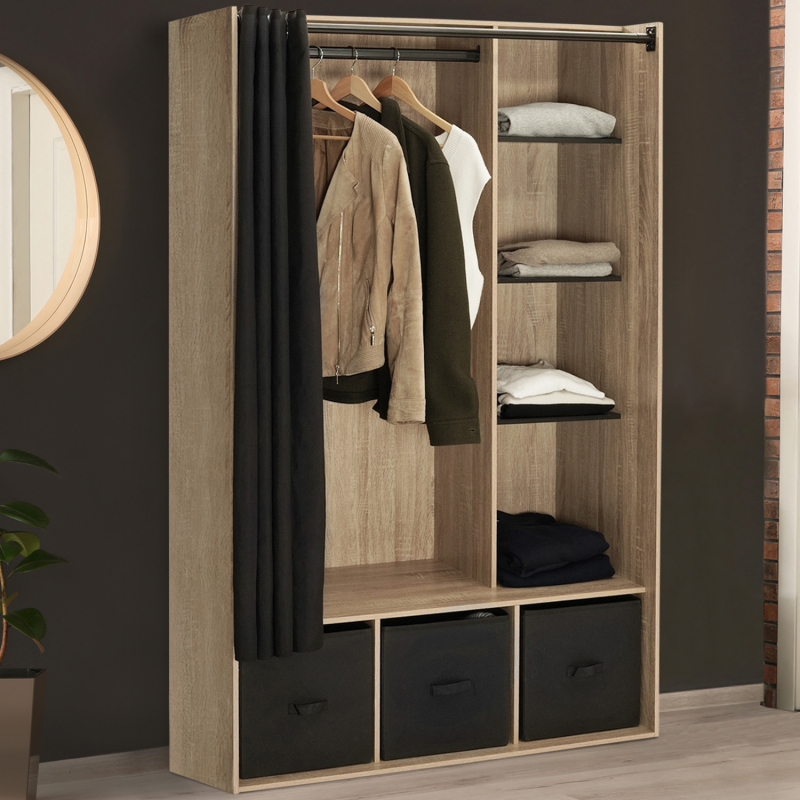 Dressing penderie bois et noir avec étagères et rideau - DIANE | ID Market