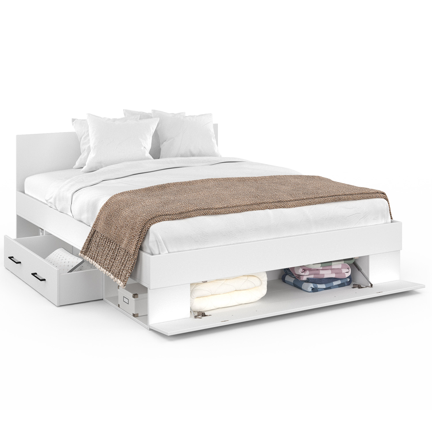 Lit double 140x190 cm blanc avec tête de lit et rangements - MINEA | ID ...