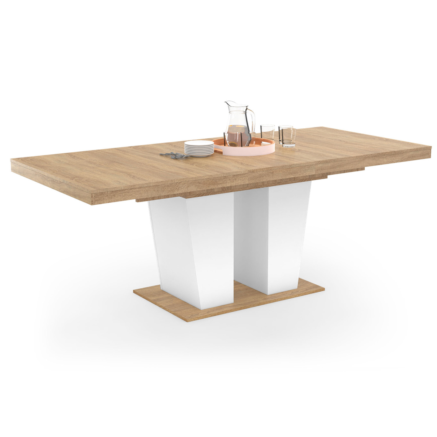 Table extensible pied central bois et blanc 6-10 personnes - ELIAD | ID Market