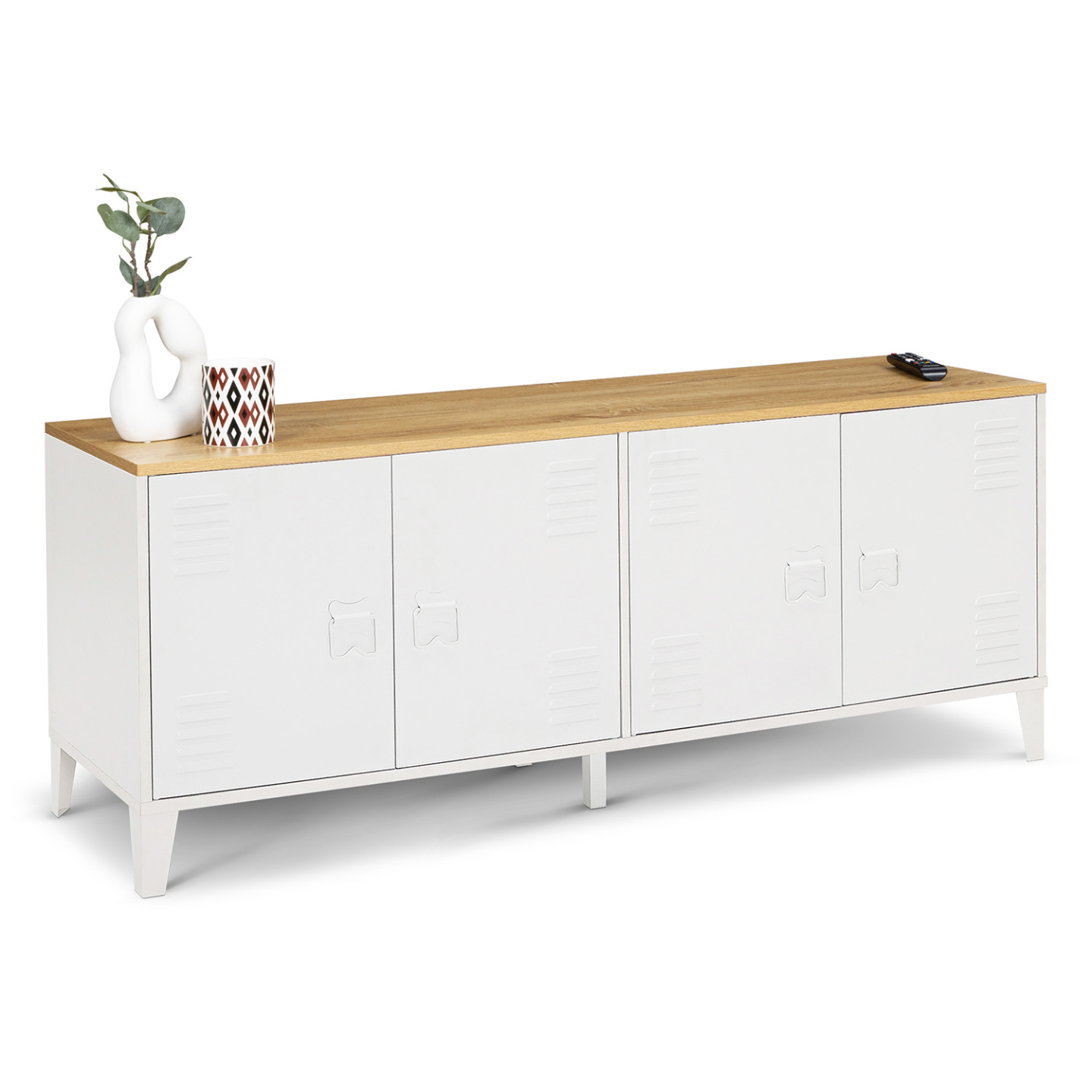Buffet bas industriel 4 portes métal blanc plateau bois - ESTER | ID Market