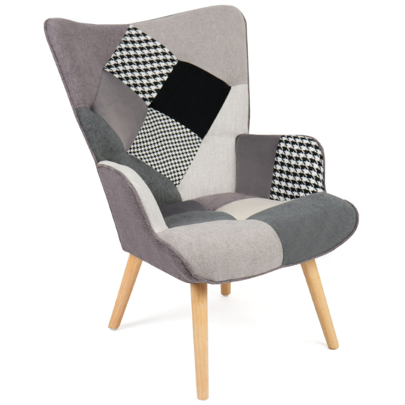 Fauteuil scandinave tissu patchwork noir, gris et blanc - IVAR | ID Market