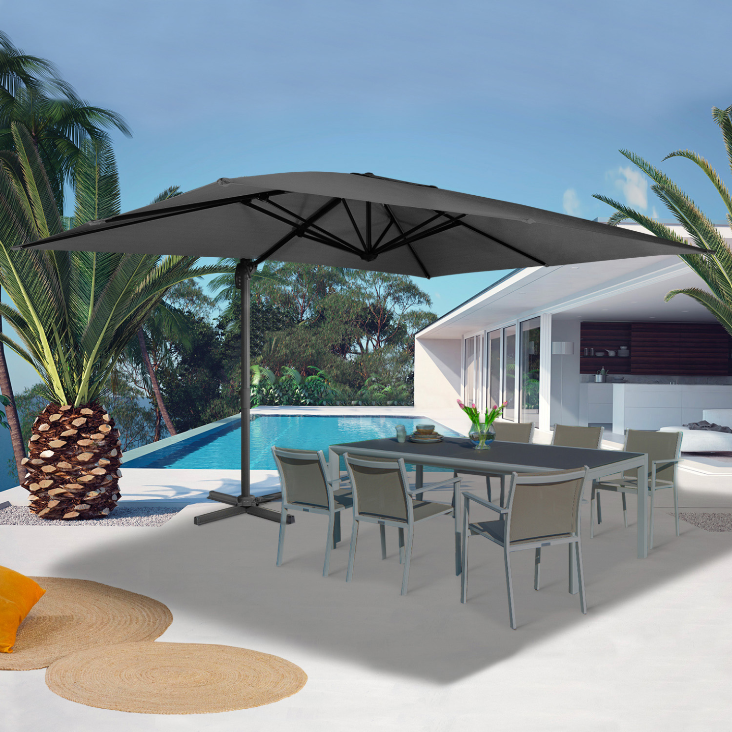 Parasol rectangulaire déporté gris 3x4m rotatif - CALVI | ID Market