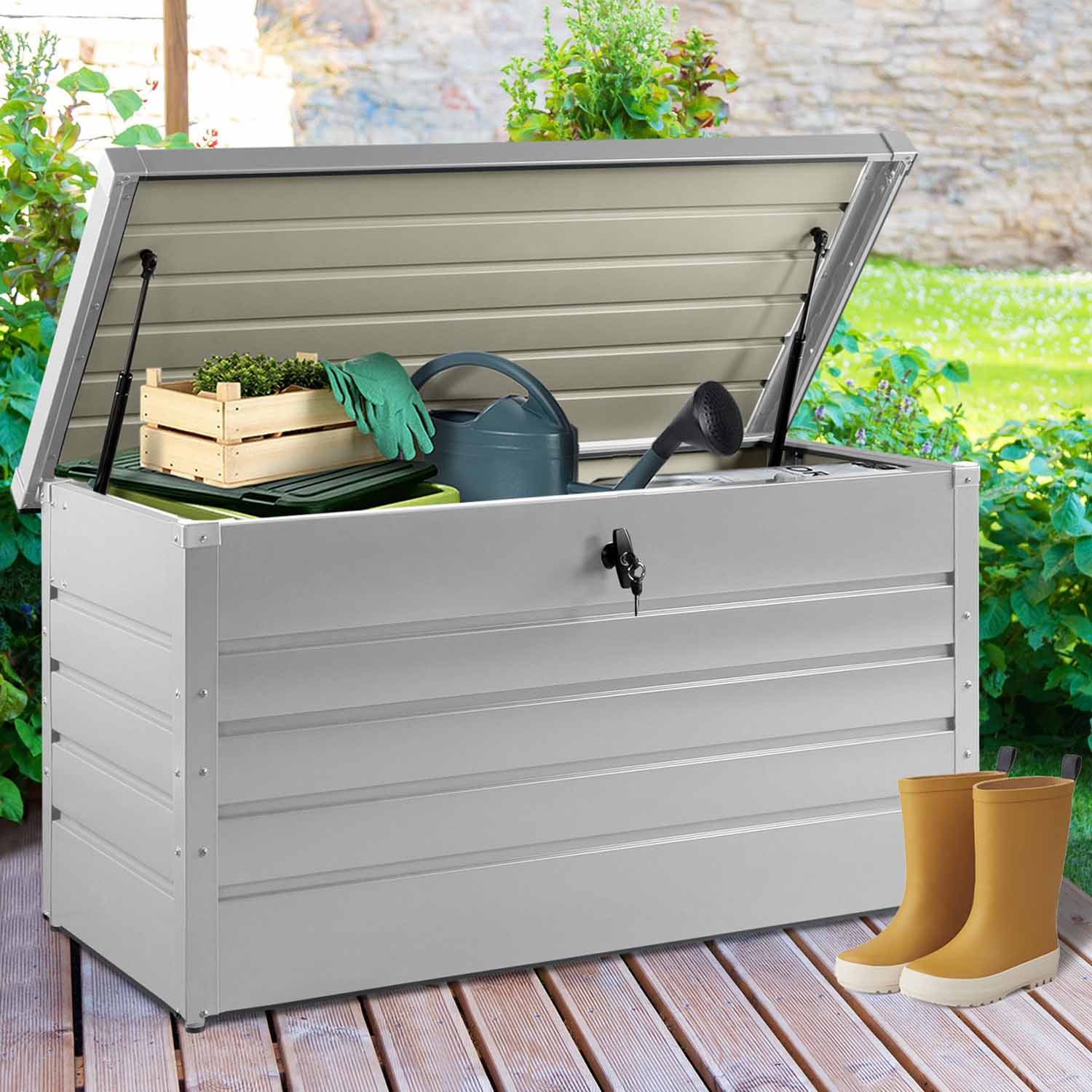 Coffre de rangement extérieur étanche 350L métal gris clair | ID Market
