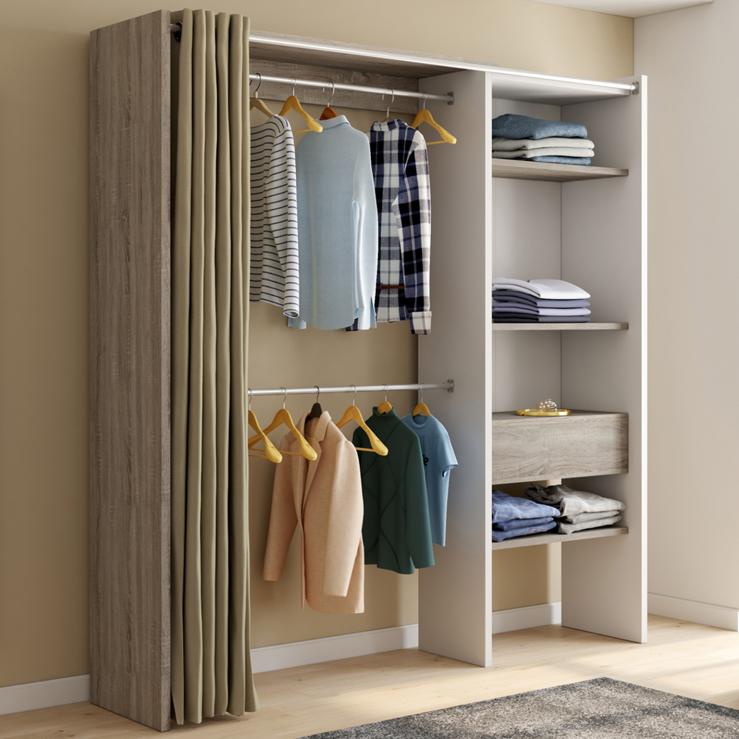 Dressing extensible blanc et bois avec rideau, double penderie et ...