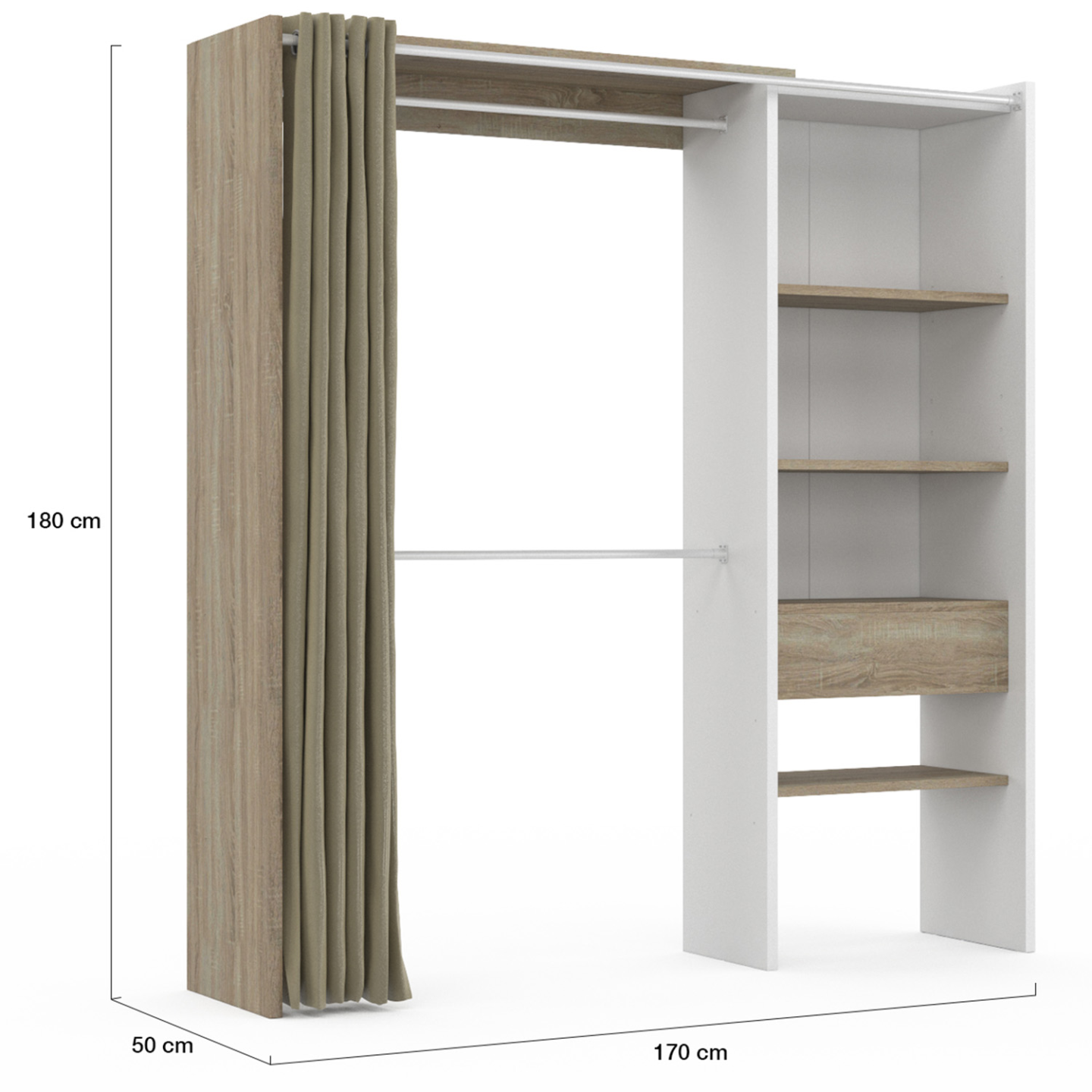 Dressing extensible blanc et bois avec rideau, double penderie et ...