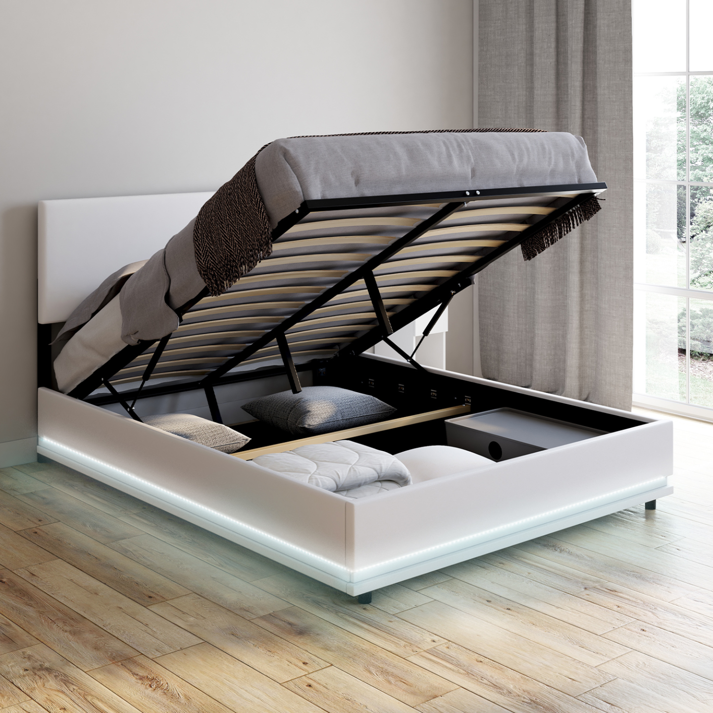 Lit coffre double 140x190 en PVC blanc avec sommier et LED - OWEN | ID ...