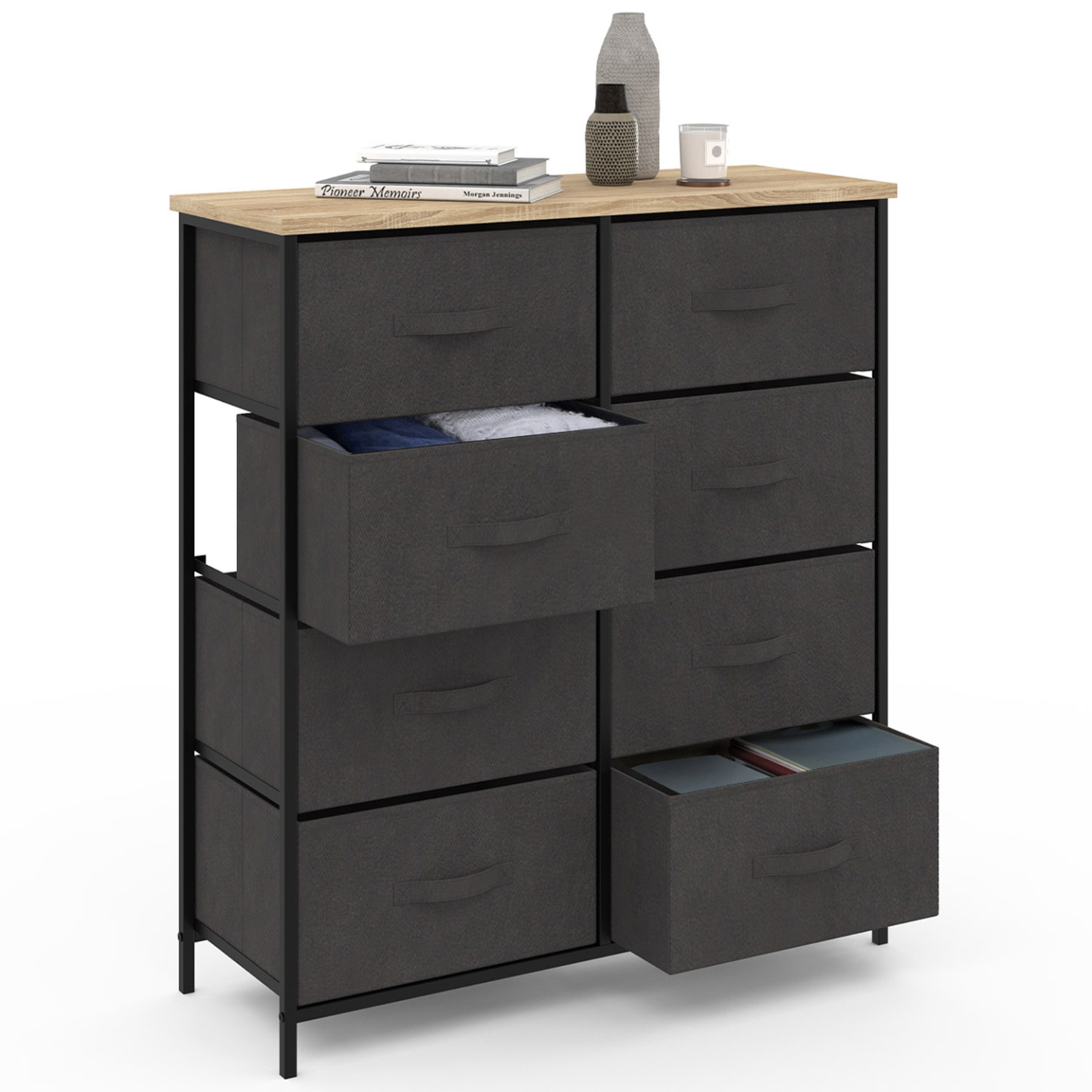 Commode 8 tiroirs en tissu gris anthracite et plateau effet bois - ALTA ...