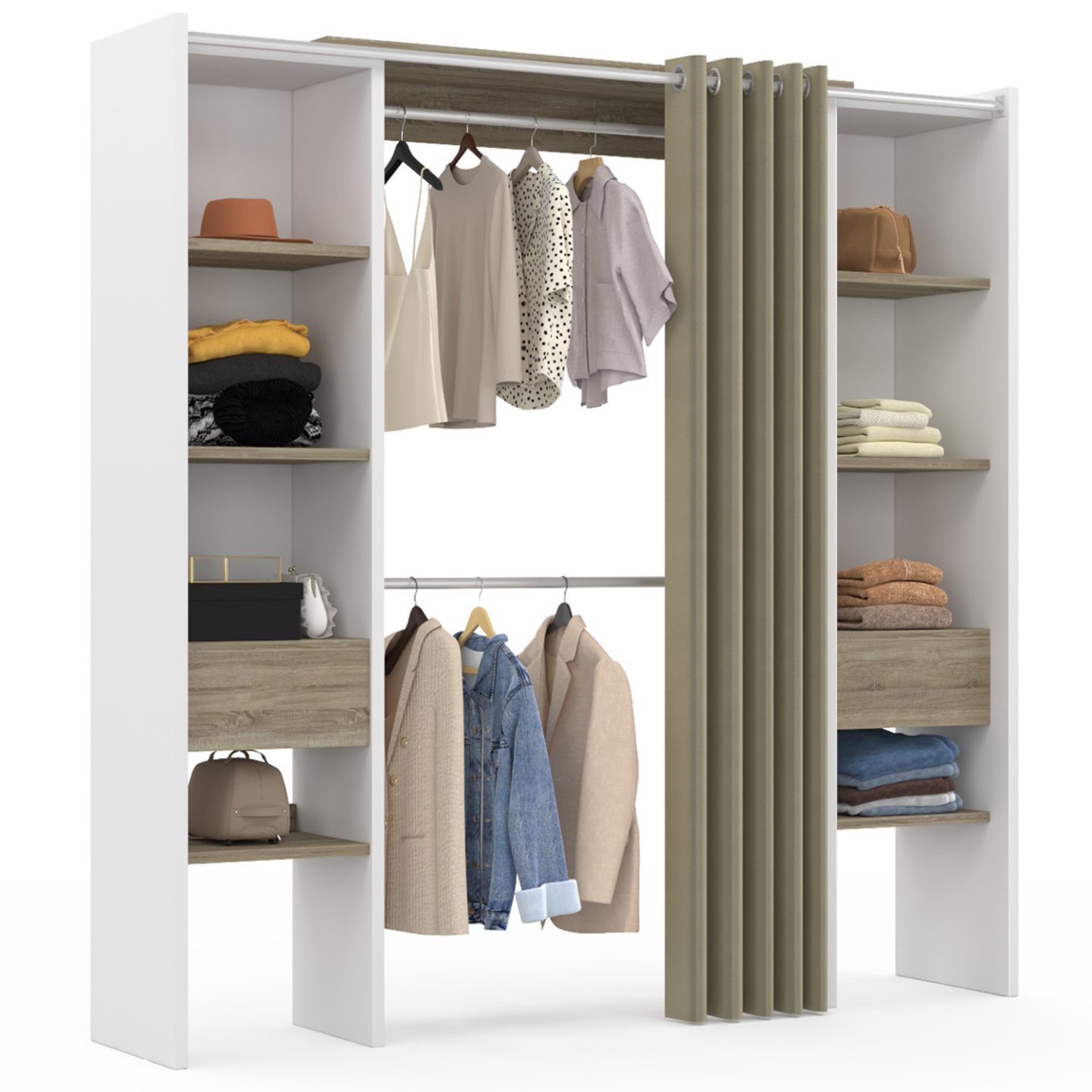 Dressing extensible double blanc et bois avec rideau taupe - MERYL | ID ...