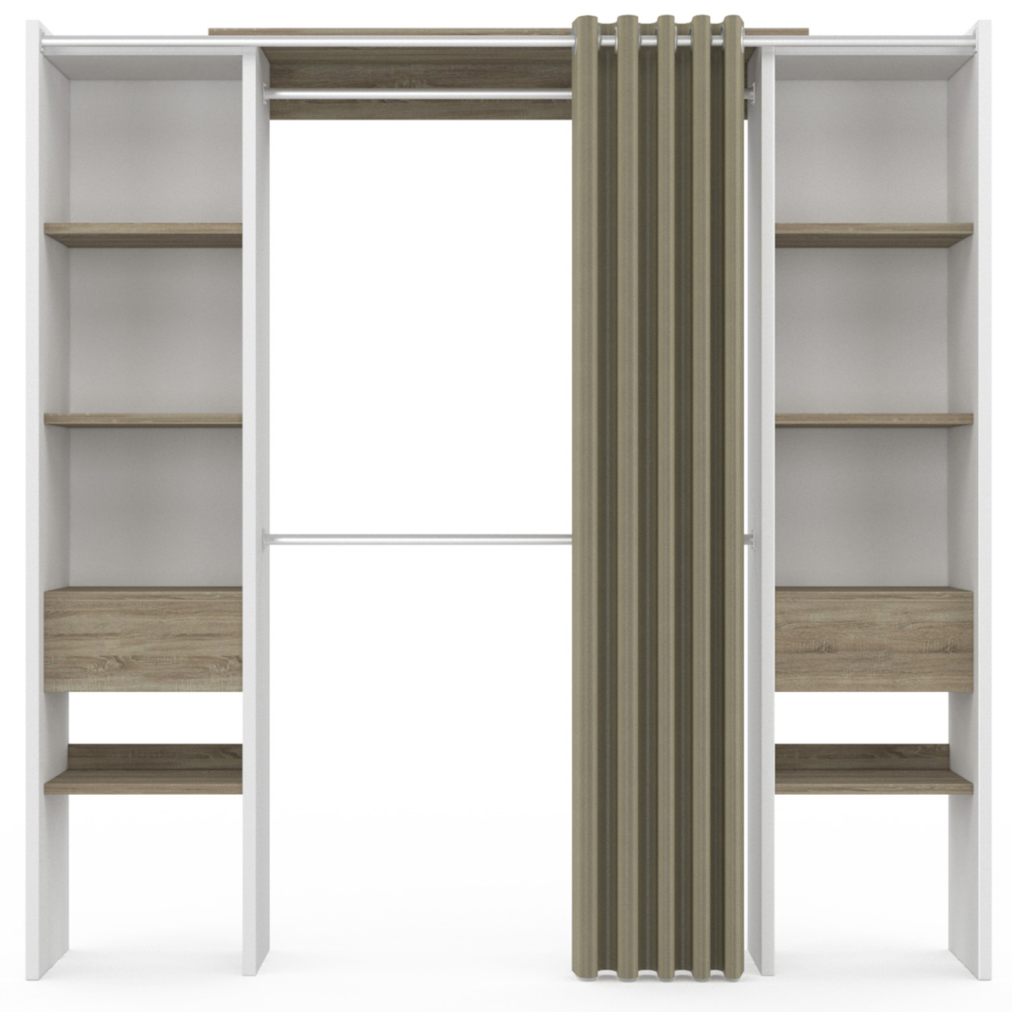 Dressing extensible double blanc et bois avec rideau taupe - MERYL | ID ...