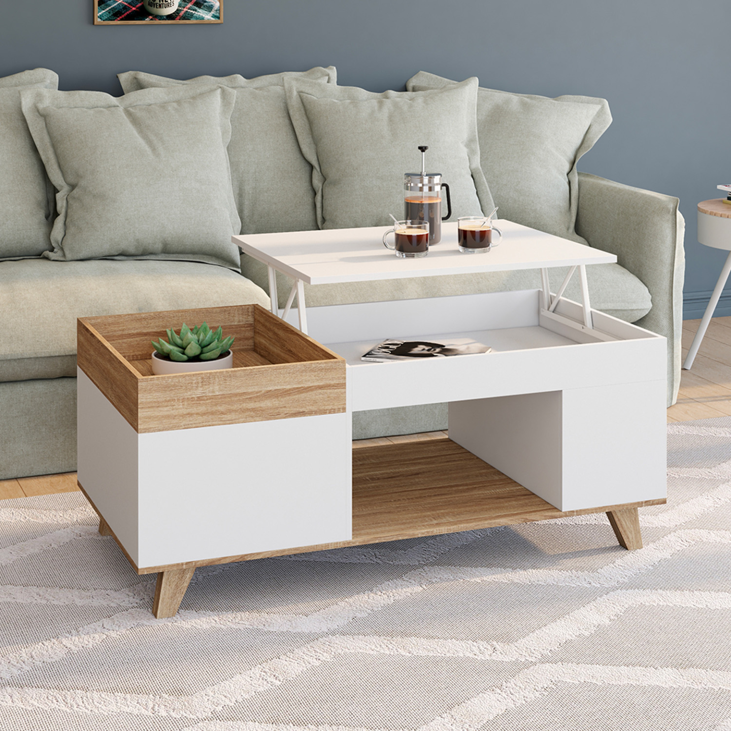 Mesa de centro rectangular de madera y blanca con tablero elevable y ...