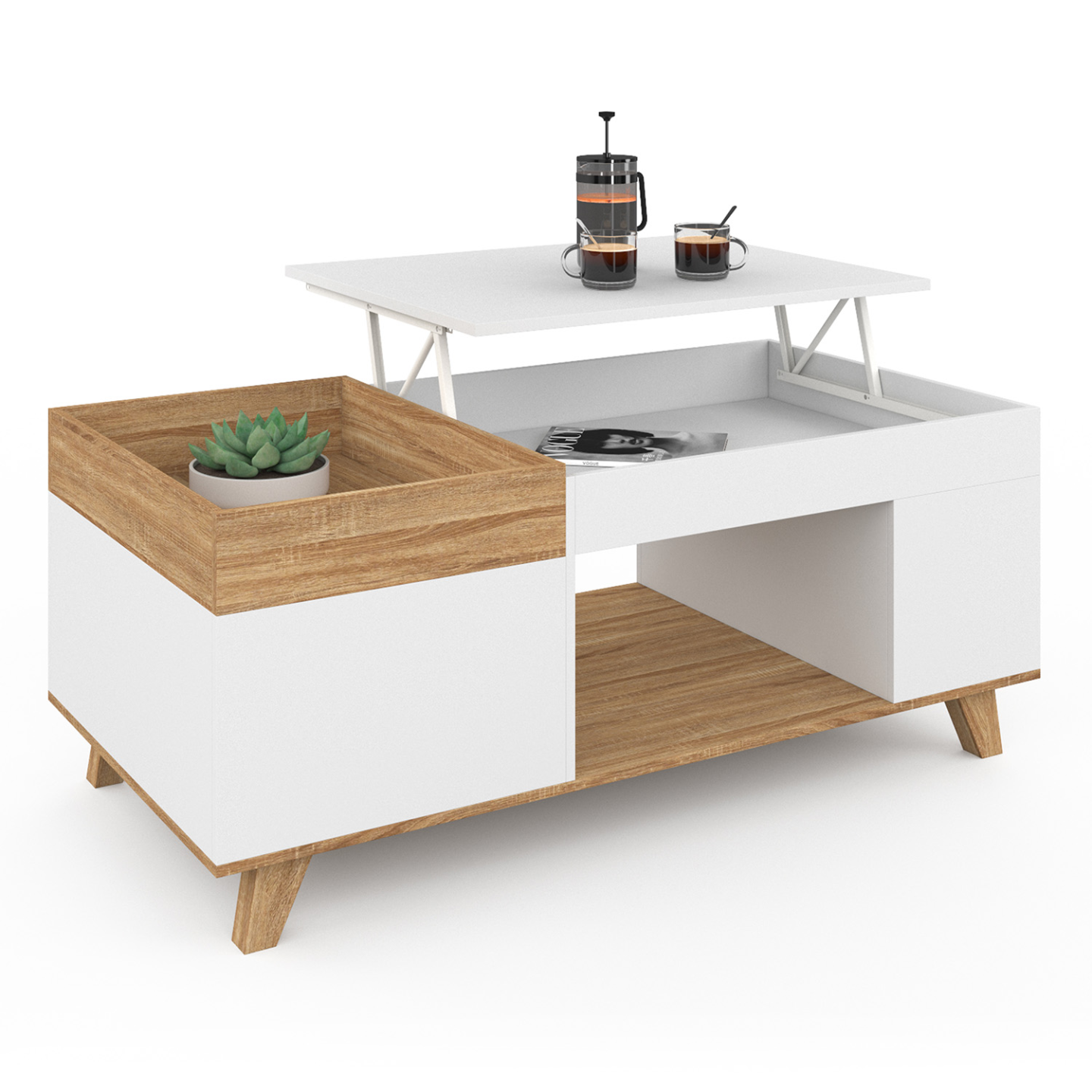 Table basse rectangulaire bois et blanc plateau relevable et coffre ...