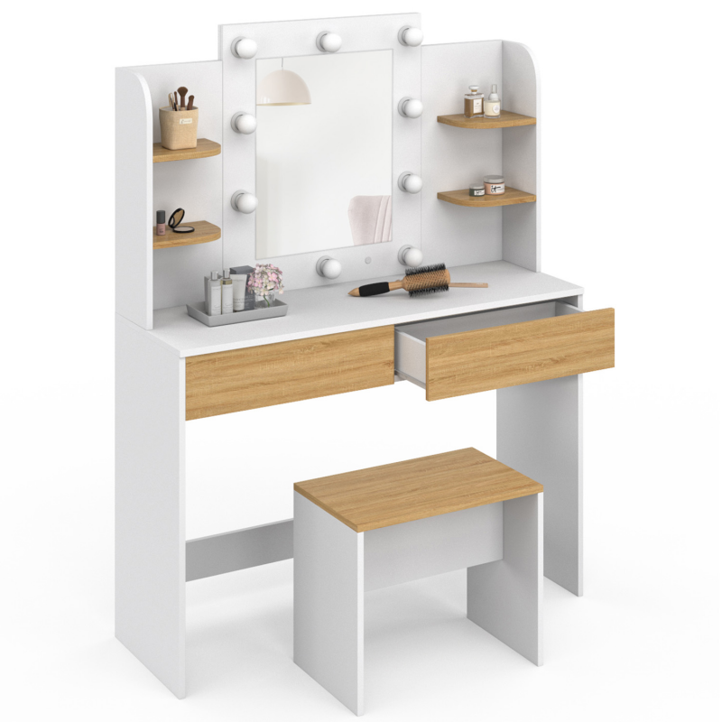Coiffeuse bois et blanc avec 4 étagères, miroir LED et tabouret - ZELIA ...