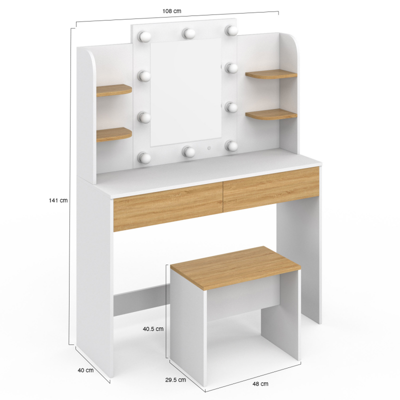 Coiffeuse bois et blanc avec 4 étagères, miroir LED et tabouret - ZELIA ...