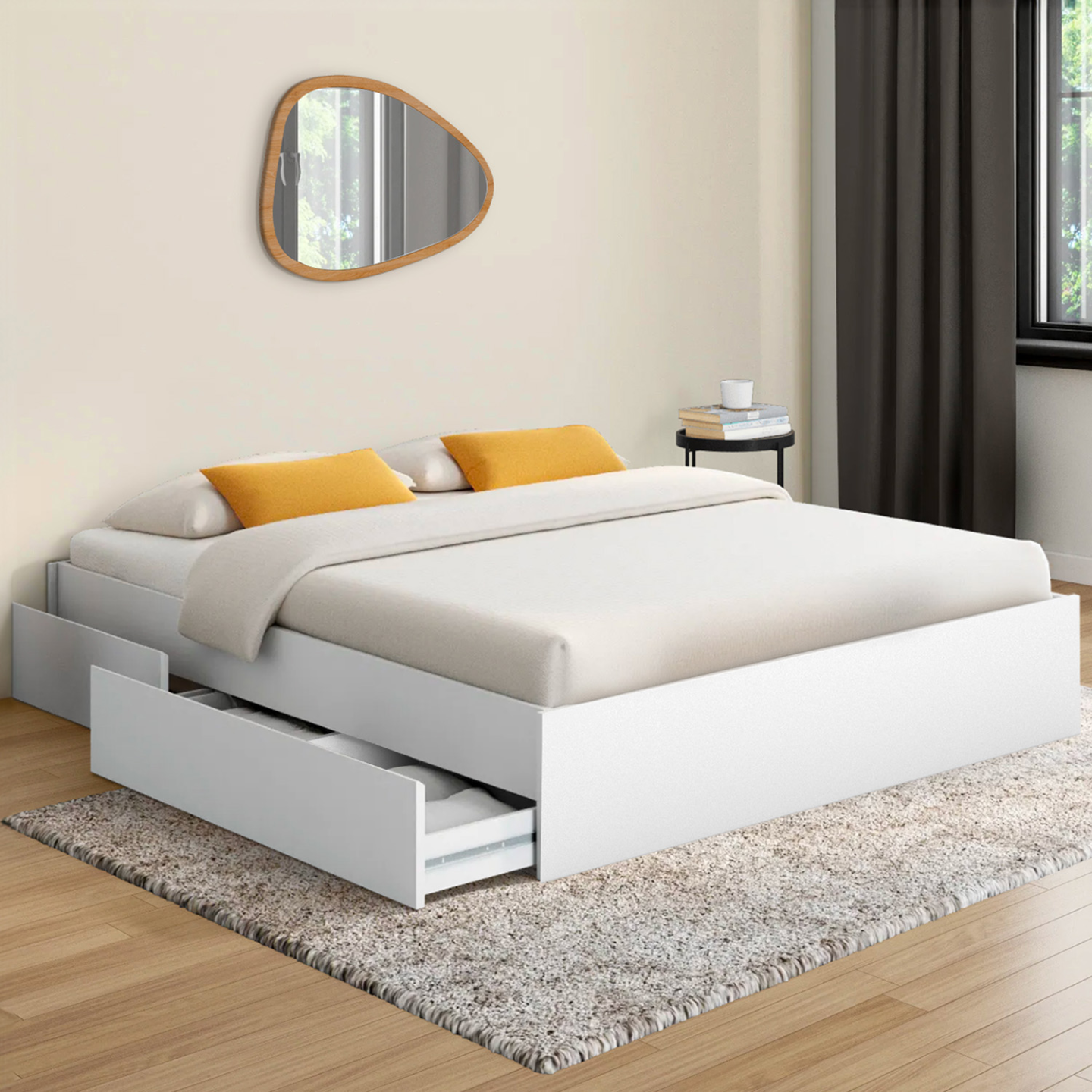 Cadre de lit double 4 tiroirs et sommier 140x190 blanc - TOMI | ID Market